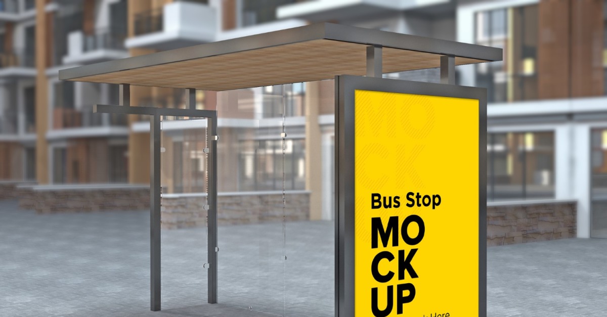Afternoon View Bus Stop With Advertising Billboard Mockup