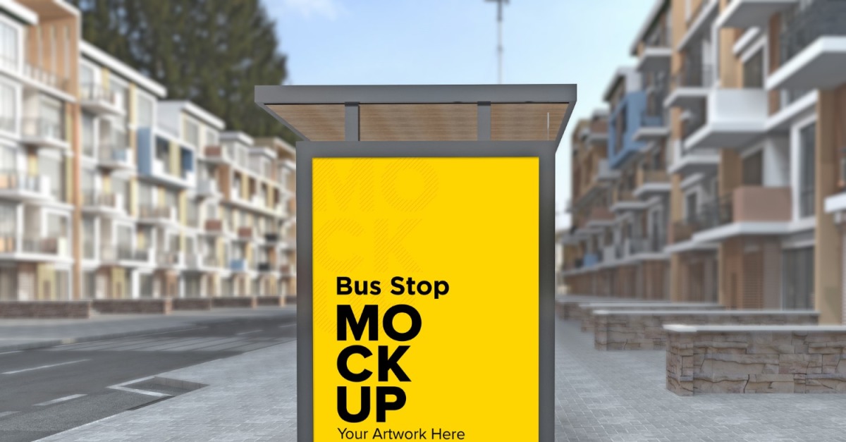 Afternoon View Bus Stop With Advertising Billboard Mockup.