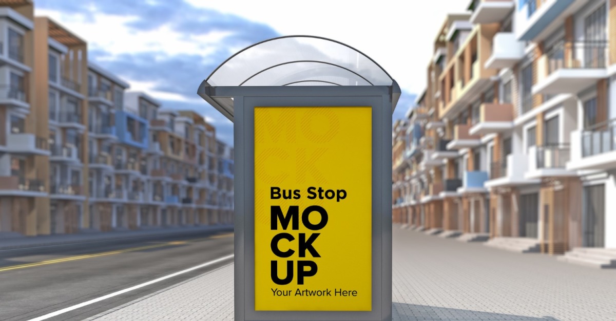 Afternoon View Bus Stop With Advertising Billboard Mockup..