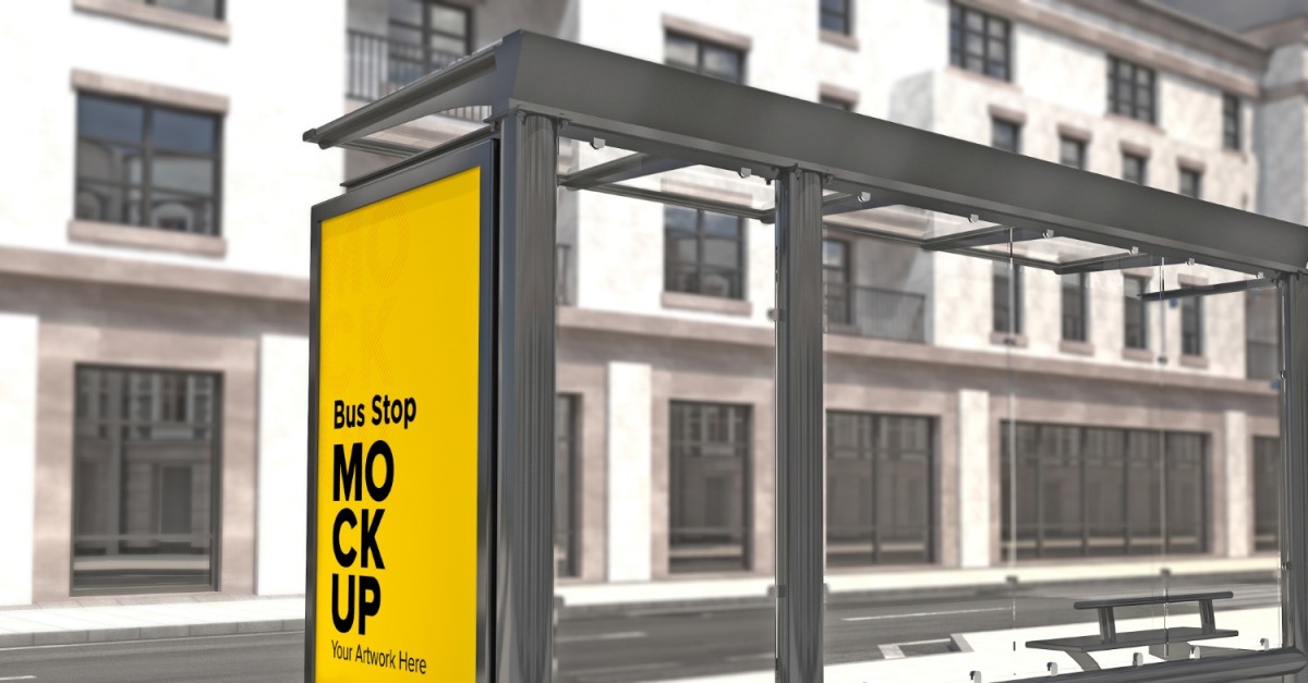 Classical Look Transparent Glass Bus Stop With Sign Mockup