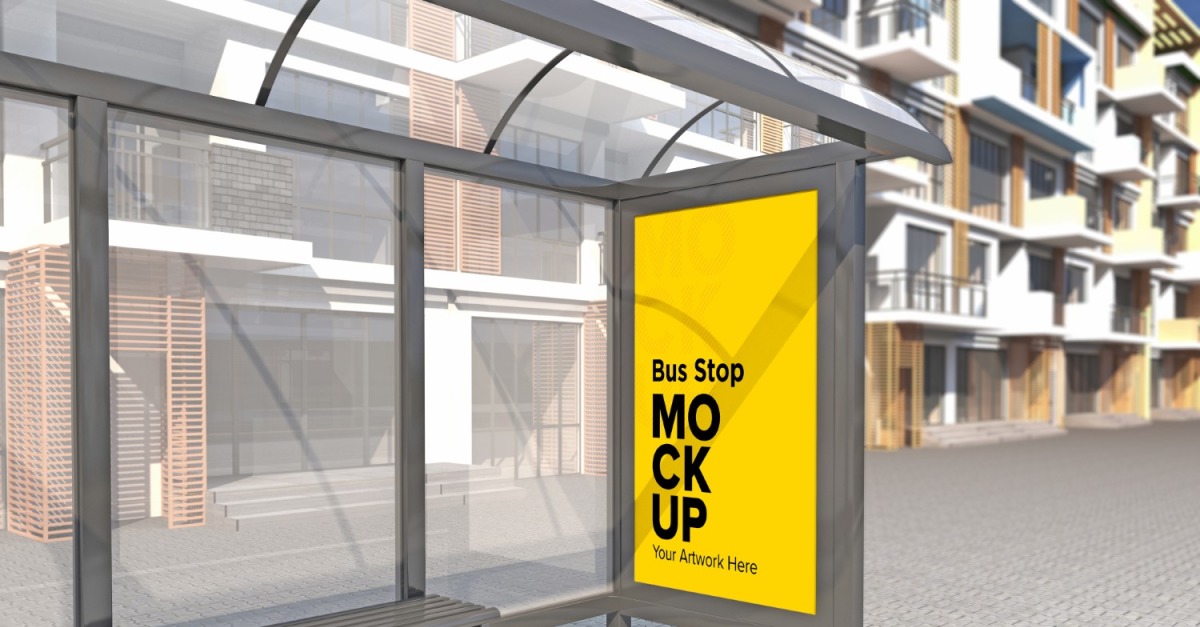 Classical View Bus Stop With Advertising Billboard Mockup.