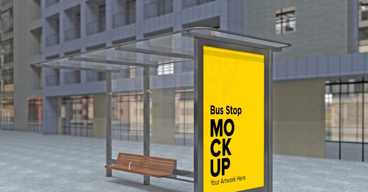 Evening View Bus Stop With Outdoor Sign Mockup