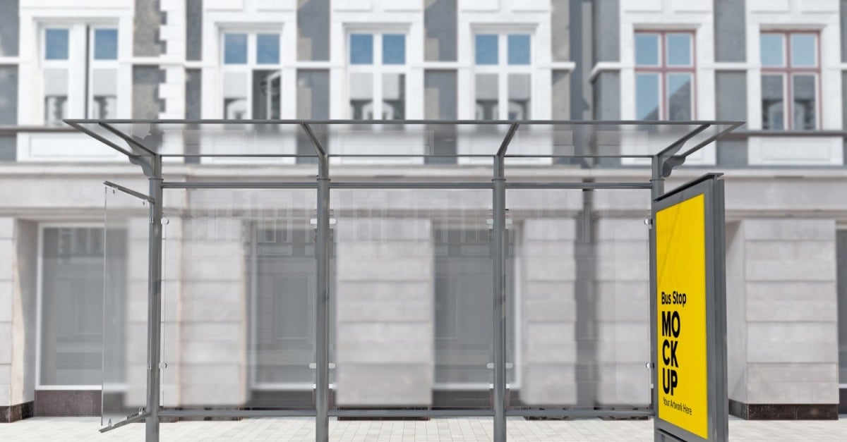 Glassy Look Bus Stop With Signage Mockup - TemplateMonster