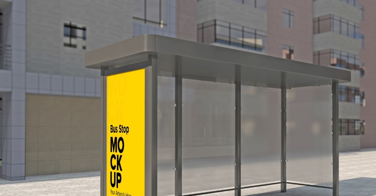 Minimal Look Bus Stop Blurred Glass With Sign Mockup
