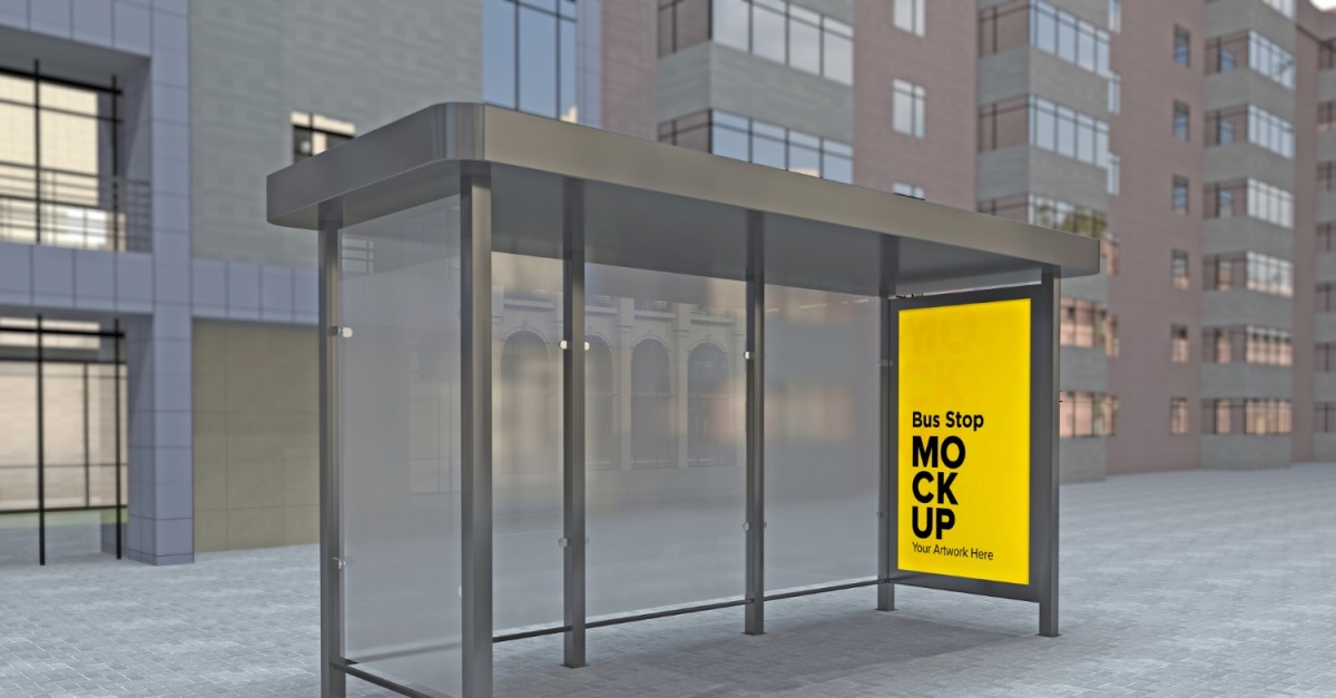Minimal Look Bus Stop Vidrio borroso con plantilla de maqueta de letrero.