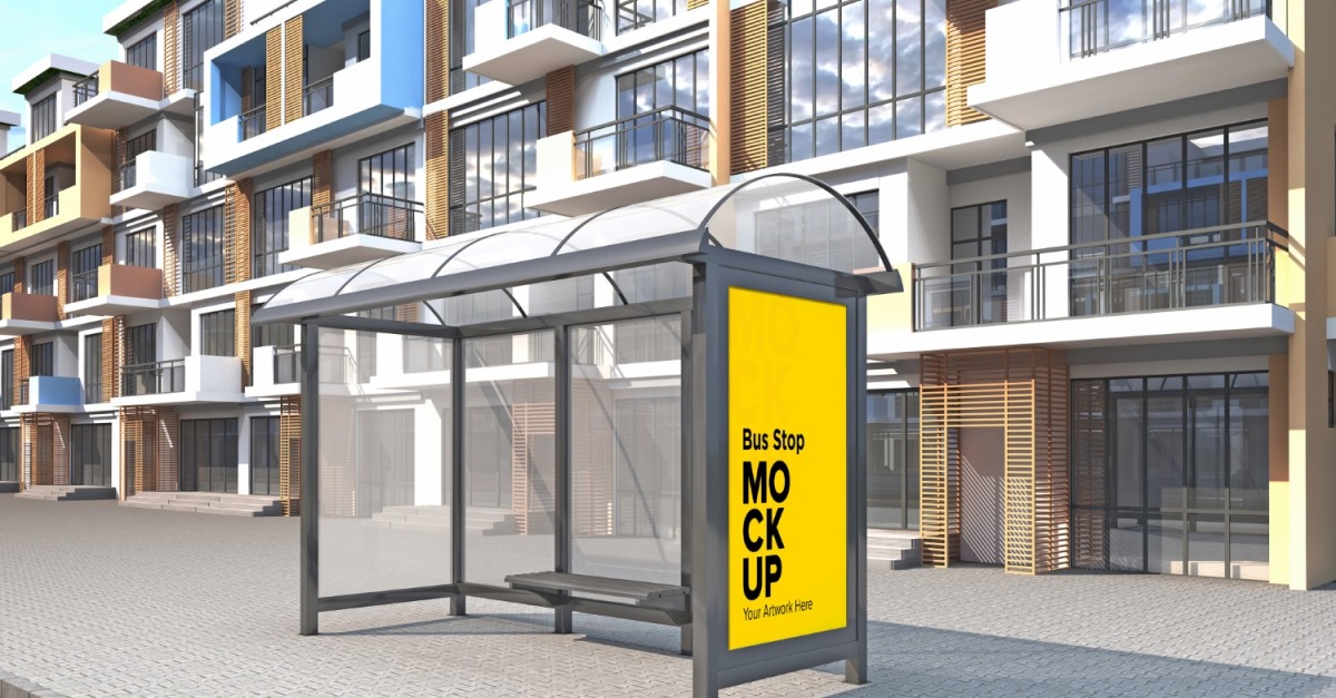 Parada de ônibus de exibição clássica com maquete de outdoor de ...