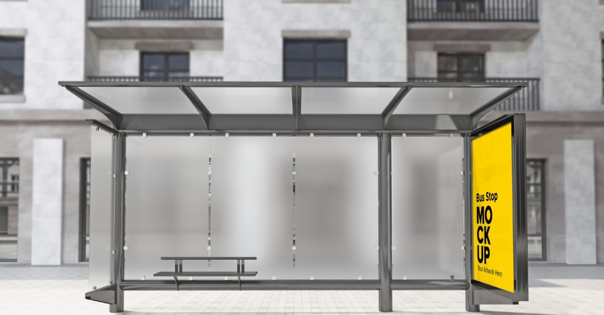 Road Side Blurred Glass Bus Stop With Signage Mockup