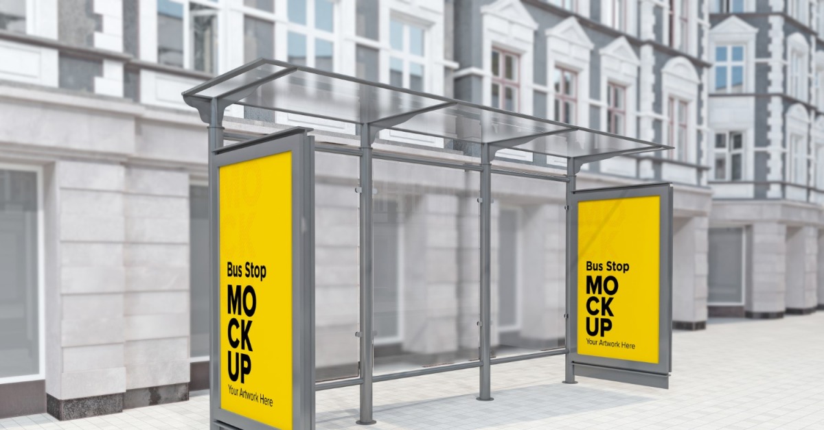 Road Side Bus Stop Shelter With 2 Billboard Mockup Template
