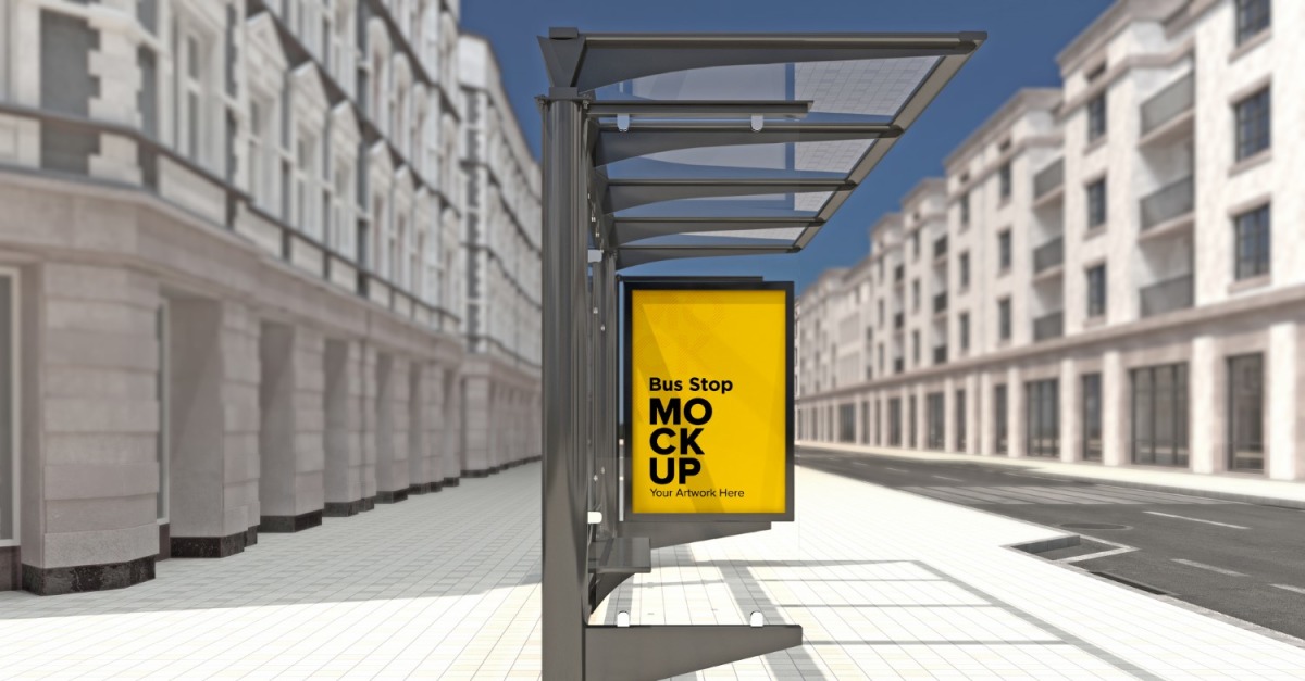 Side Angle View Bus Stop With Sign Mockup - TemplateMonster