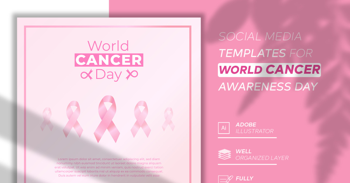 World Cancer Day Social Media Post Template With Pink Ribbon