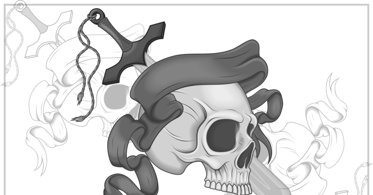 Disegno Vettoriale Di Teschio Con Spada E Nastro