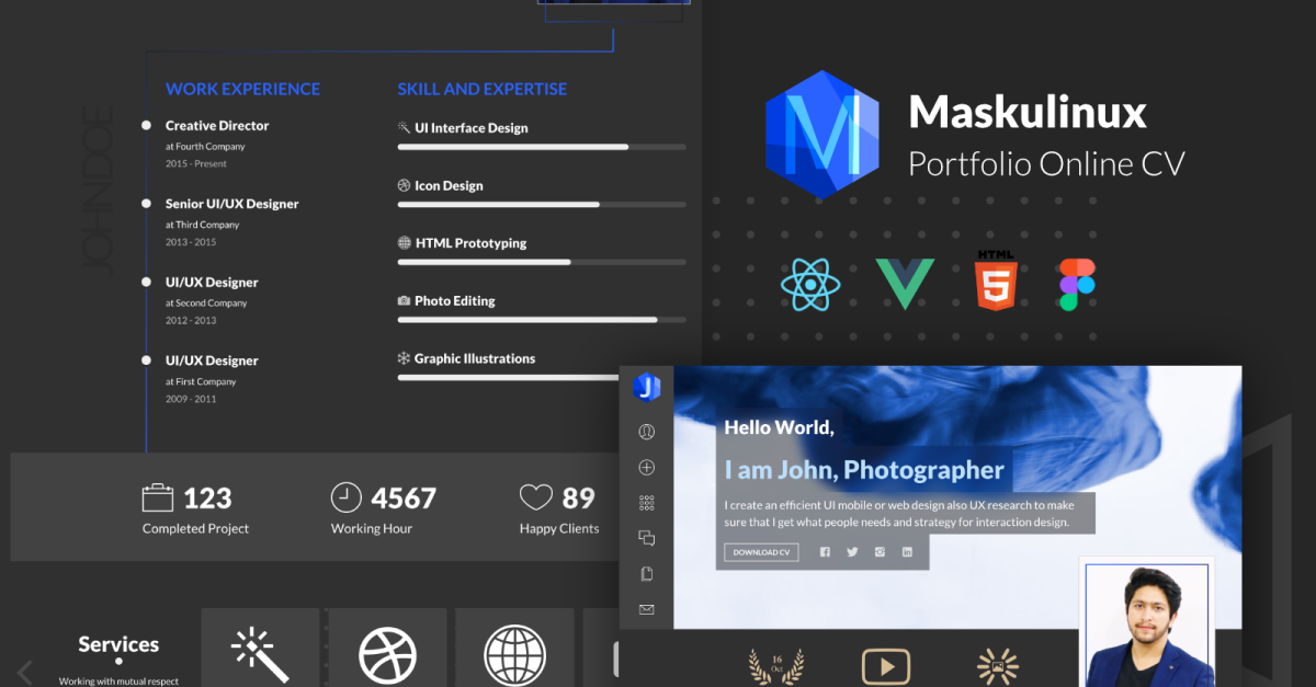 Maskulinux - React Vue HTML y Figma Portfolio Curriculum Vitae Plantilla de CV