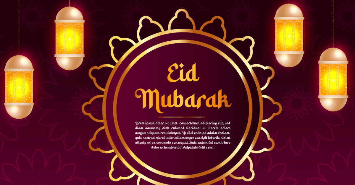 Islamic greetings eid mubarak card design with lanterns crescent and ...