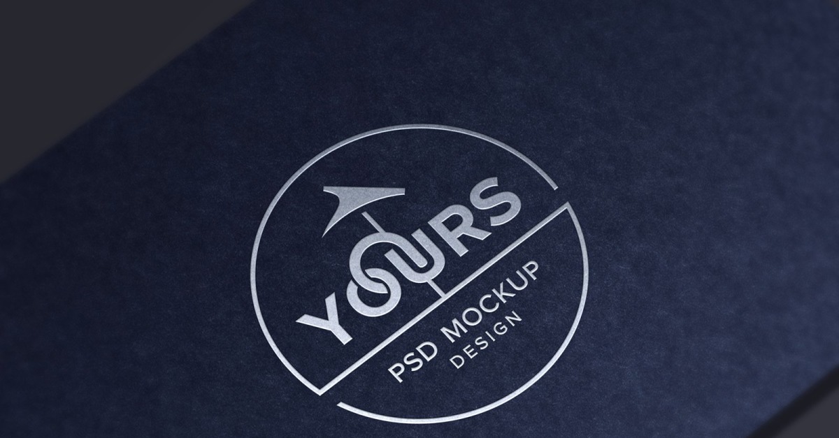 Silver foil logo mockup on blue paper card - TemplateMonster