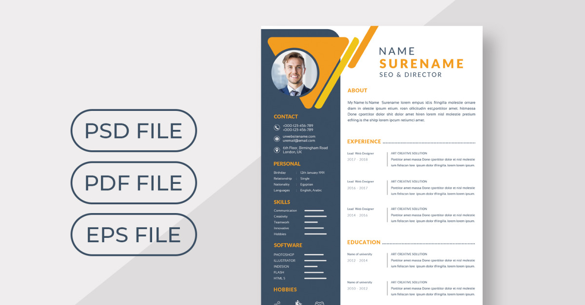 Resume Layout with Sidebar and Orange Elements Psd