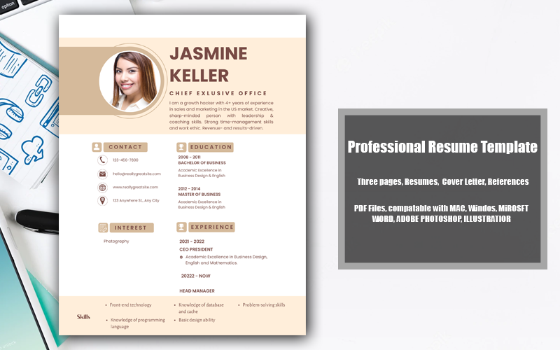 Modèle de CV imprimable PDF Jasmine Keller - TemplateMonster