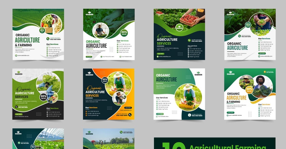 Ensemble de bannières de publication de médias sociaux de services agricoles agricoles ou ...