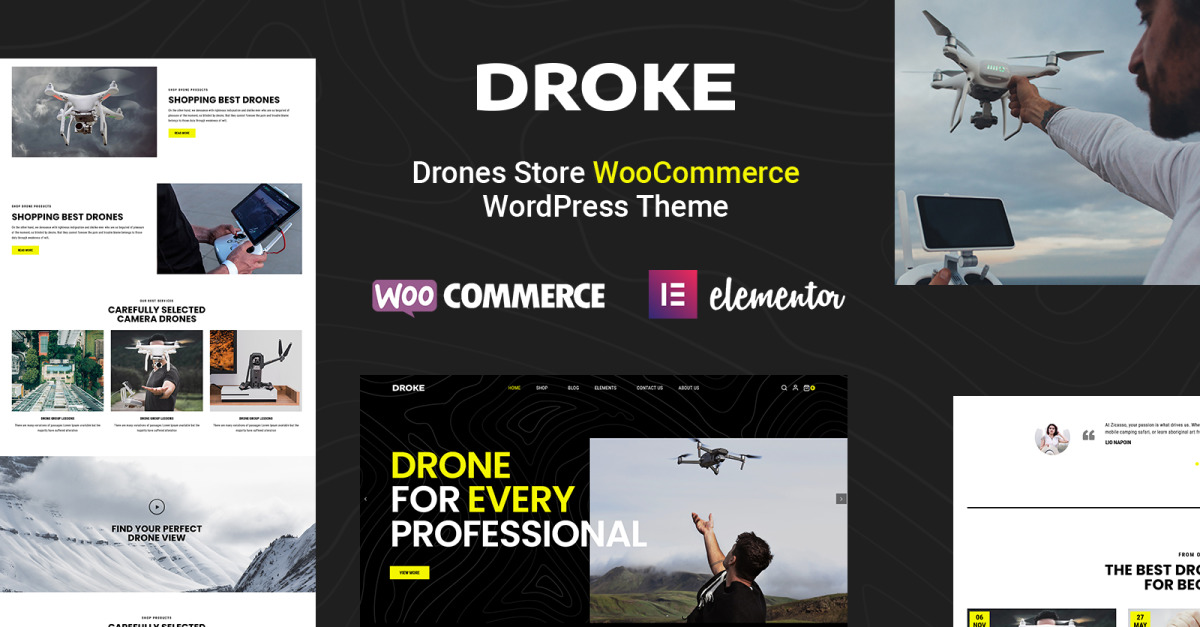 Tema WooCommerce per singolo prodotto, drone e fotocamera Droke