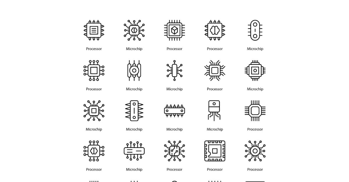 Conjunto de iconos de semiconductores Paquete de iconos de microchip