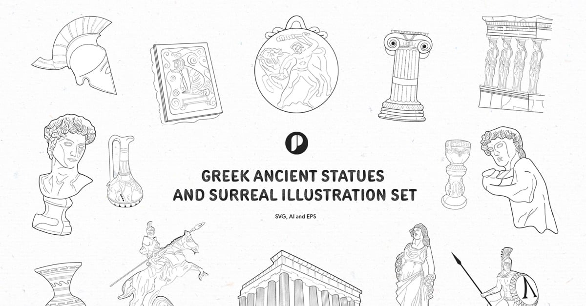 Black outline ancient greek statues and surreal illustration set