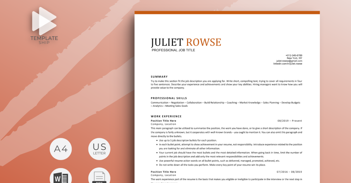 Modèle de CV professionnel Juliet Rowse - TemplateMonster