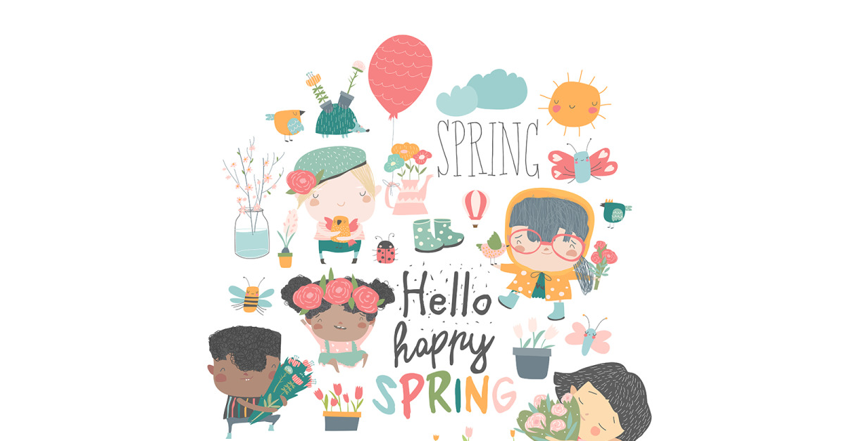 Cartoon Kids And Spring Element Vector - TemplateMonster