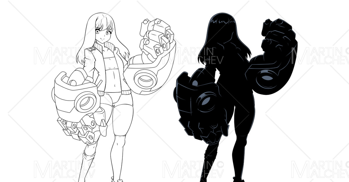 Anime Girl Line Art And Silhouette Vector Illustration
