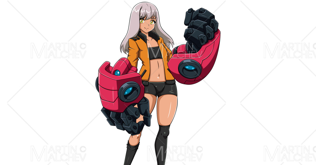 Chica anime con brazos robóticos en ilustración vectorial blanca