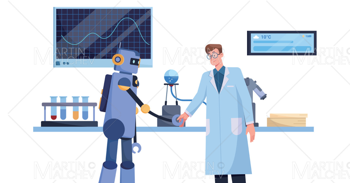 Científico y Robot Amigos Vector Ilustración