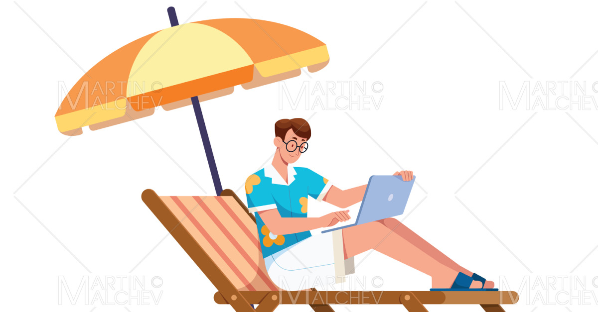 Freelancer on Beach Isolated Vector Illustration