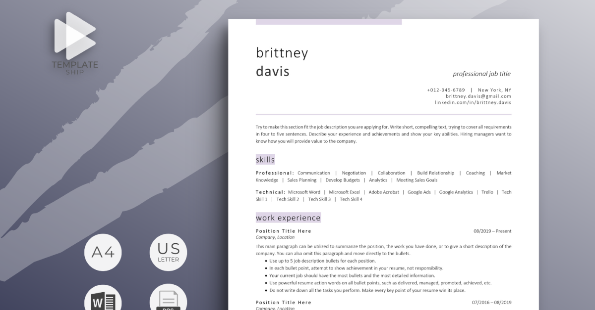 Professional Resume Template Brittney Davis - TemplateMonster