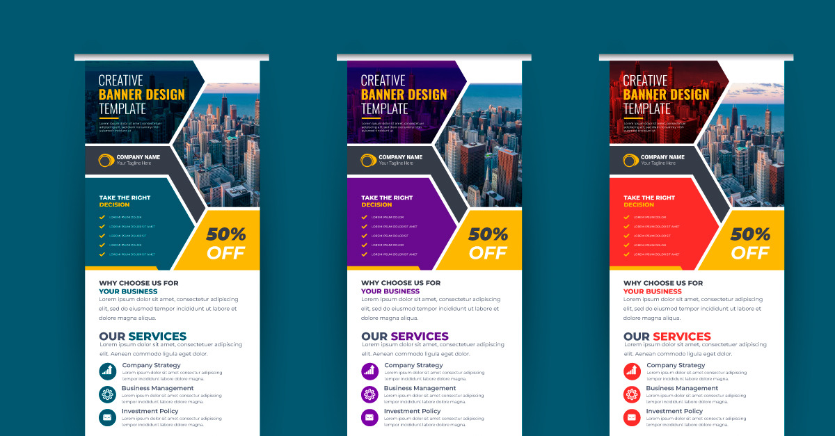 Vector roll up display standee banner design and business rack card or ...