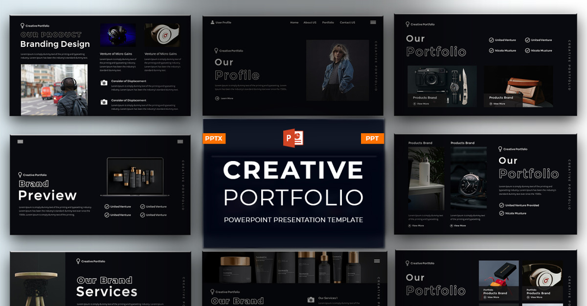 Profil – Kreatív portfólió PowerPoint prezentációs sablon