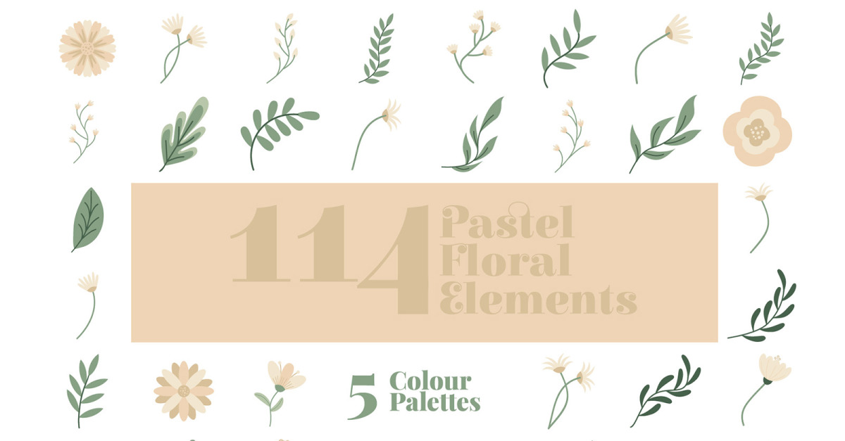 114 Floral Elements in 5 Pastel Color Palettes: Vector and PNG Files ...