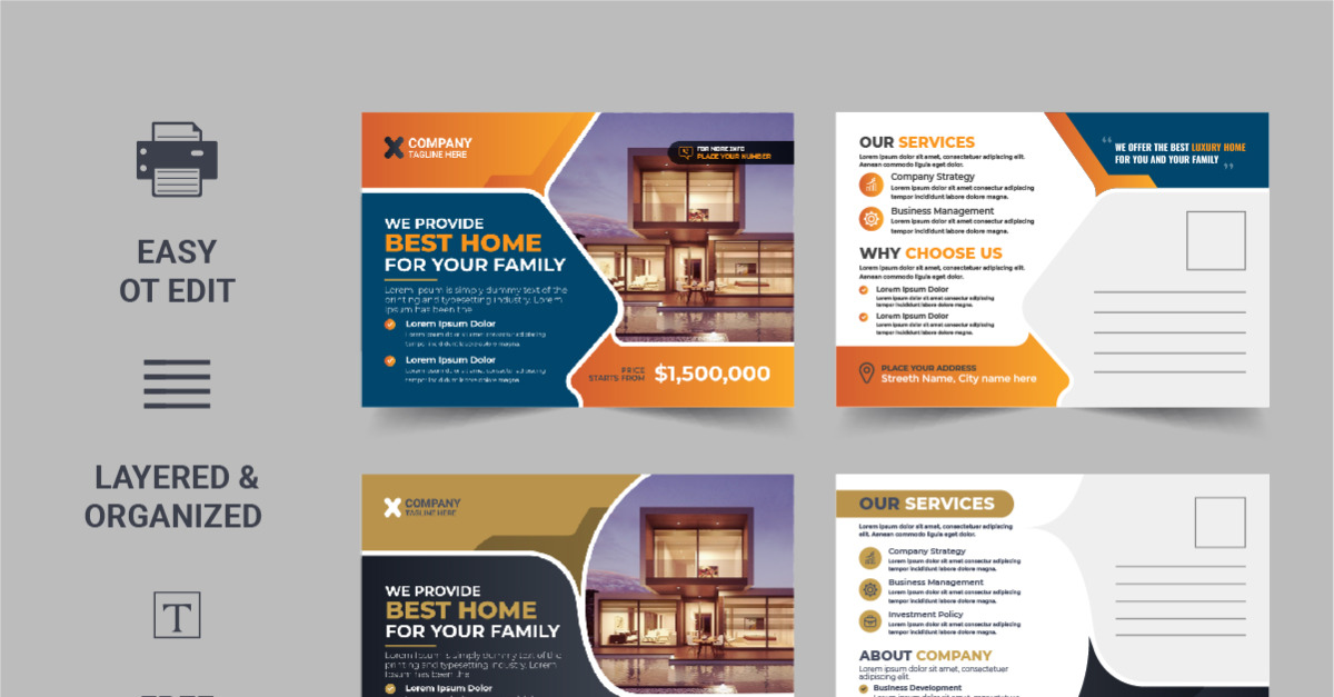 Modello di cartolina immobiliare, layout di progettazione di cartoline ...