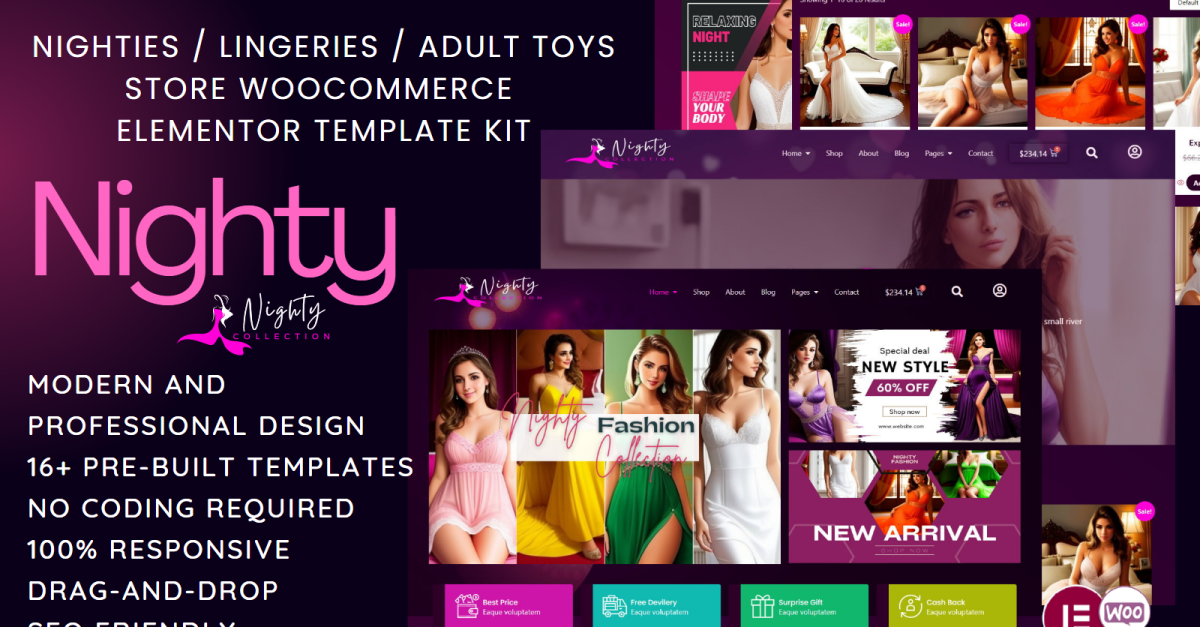 Nighty – Moda Lingerie & Bikini Store Kit de modelo Elementor