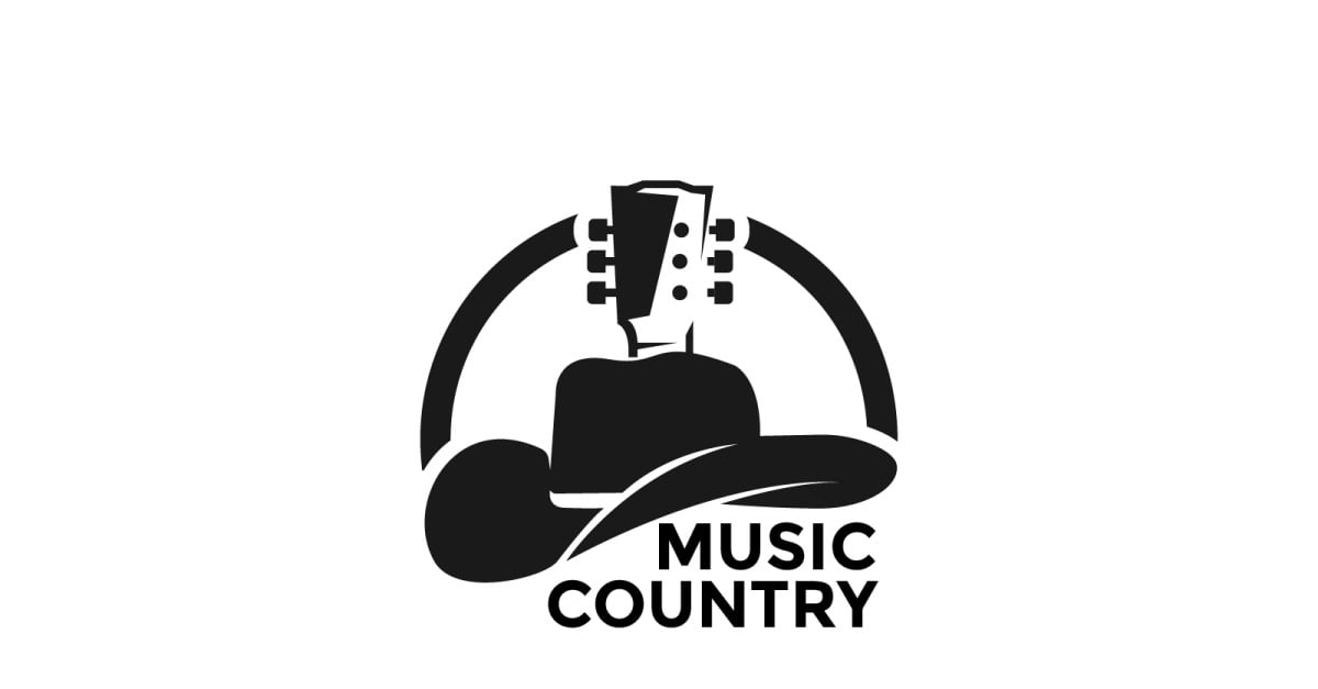 Plantilla de diseño de logo de música country con guitarra y sombrero ...