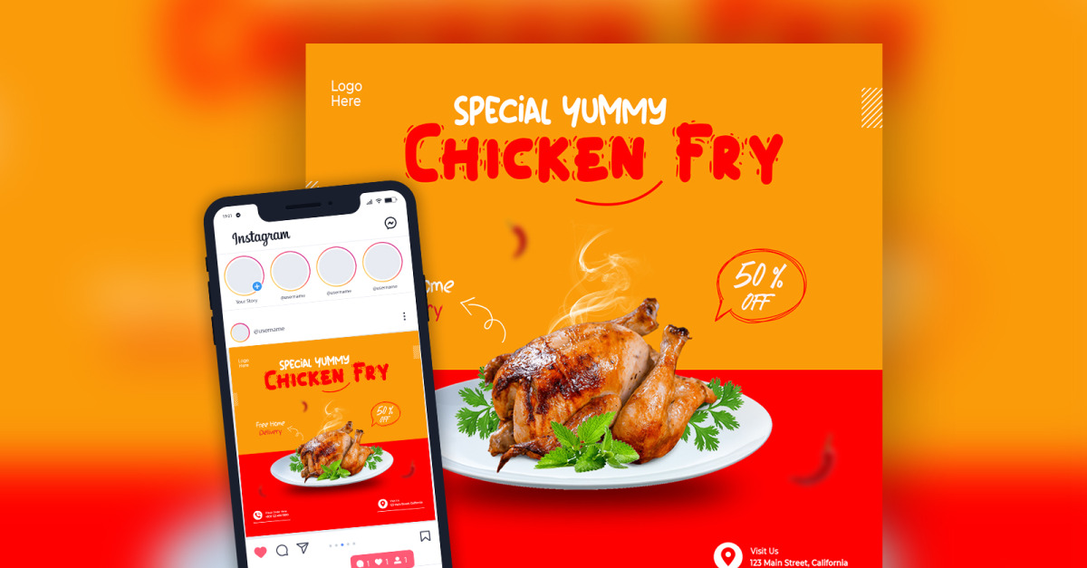 Chicken Fry Food Menu Restaurant Social Media Post Template