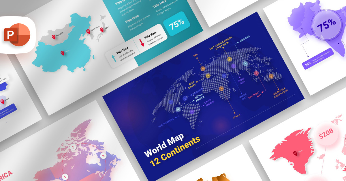Modello di presentazione della mappa del mondo 12 continenti