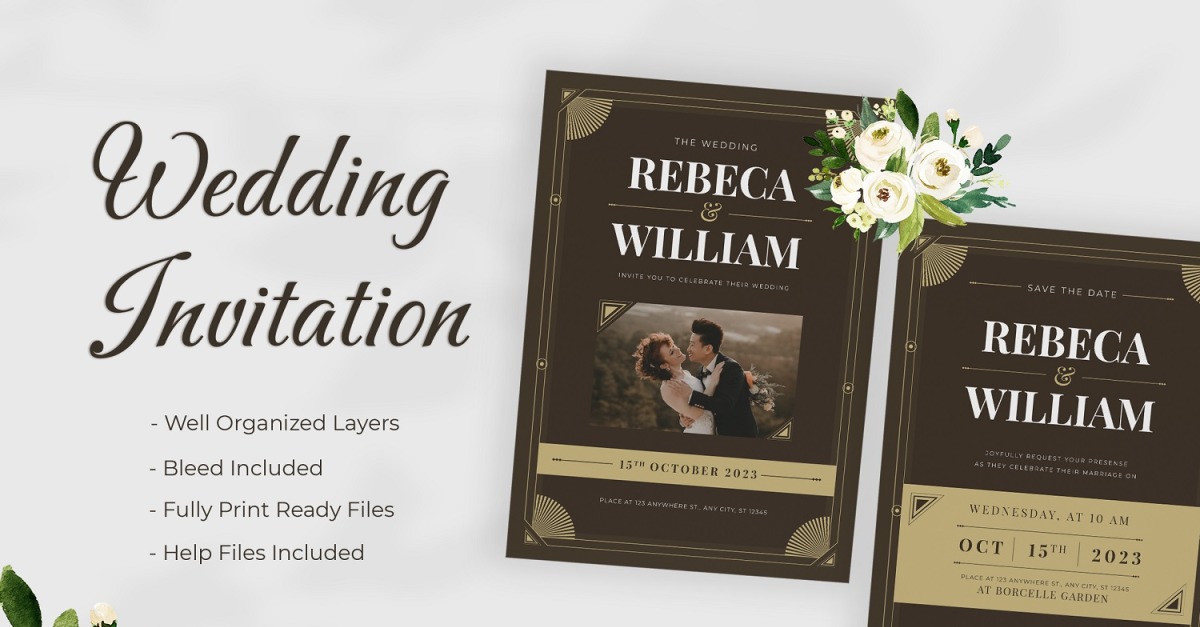 Line Border Gold Wedding Invitation #343022 - TemplateMonster