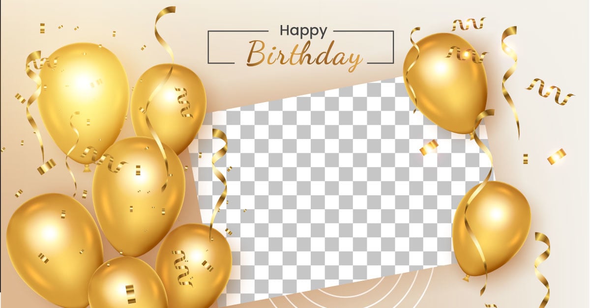 Birthday frame with Realistic golden balloon set with golden confitty style