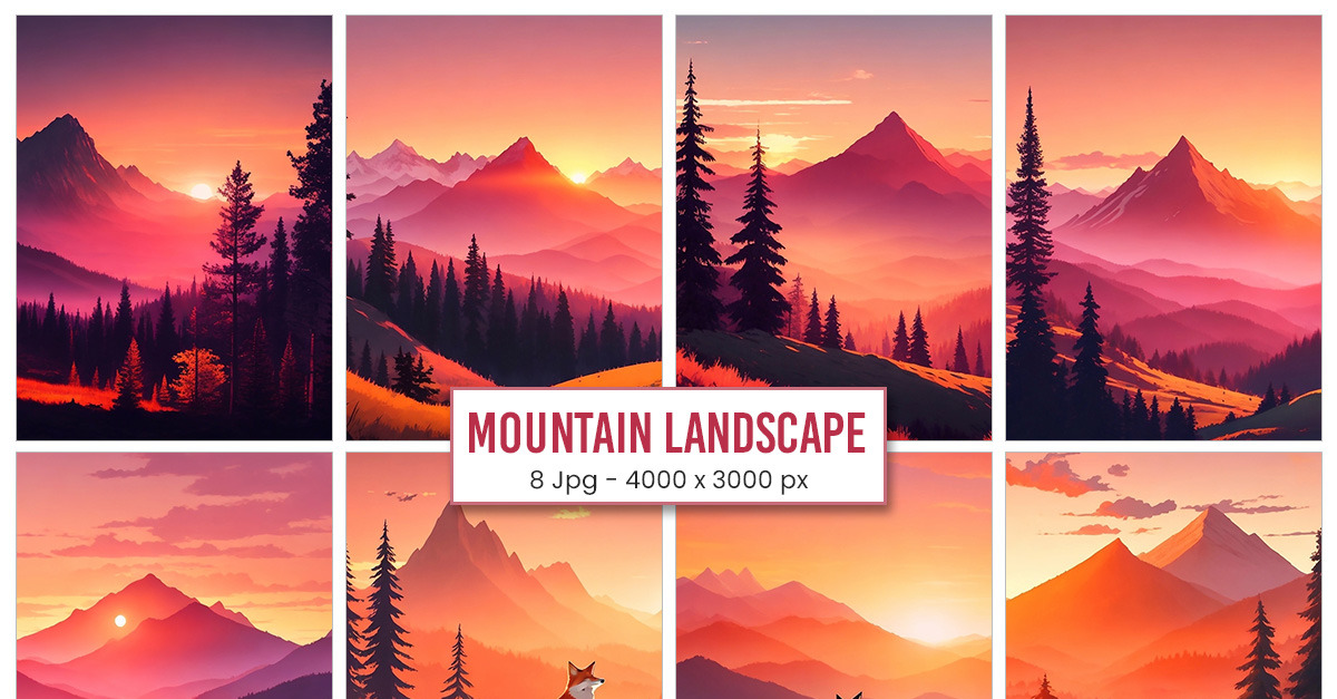 Mountain landscape with a sunset in the background