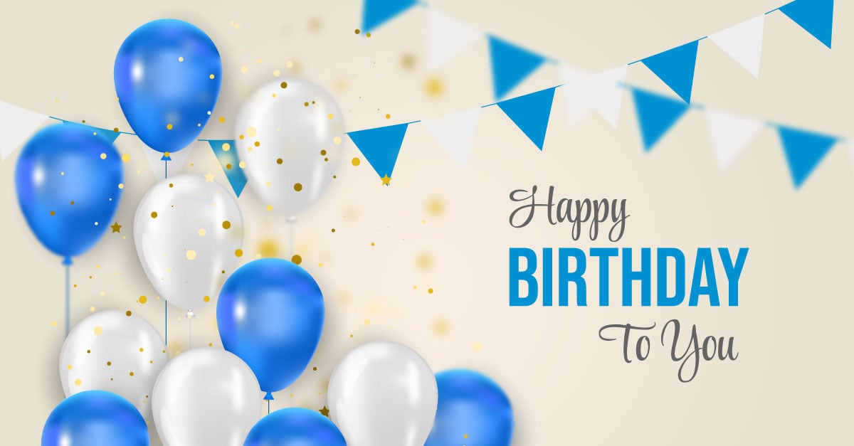 Birthday balloons banner design with elegant blue and white balloon concept
