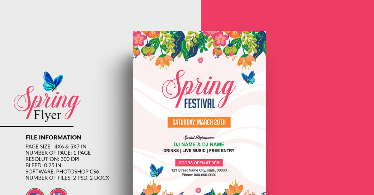 Spring Party Invitation Flyer Template. Ms Word and Photoshop