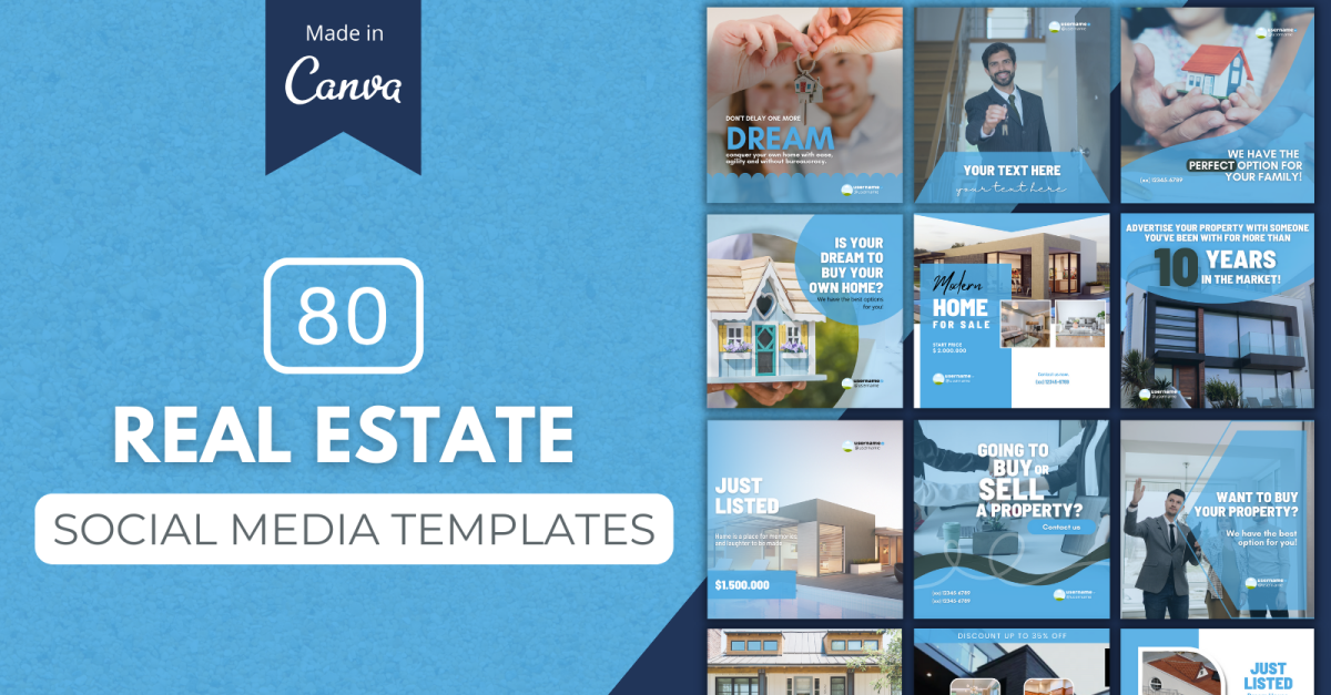 80 Premium Real Estate Social Media Templates Pack (Made With Canva)