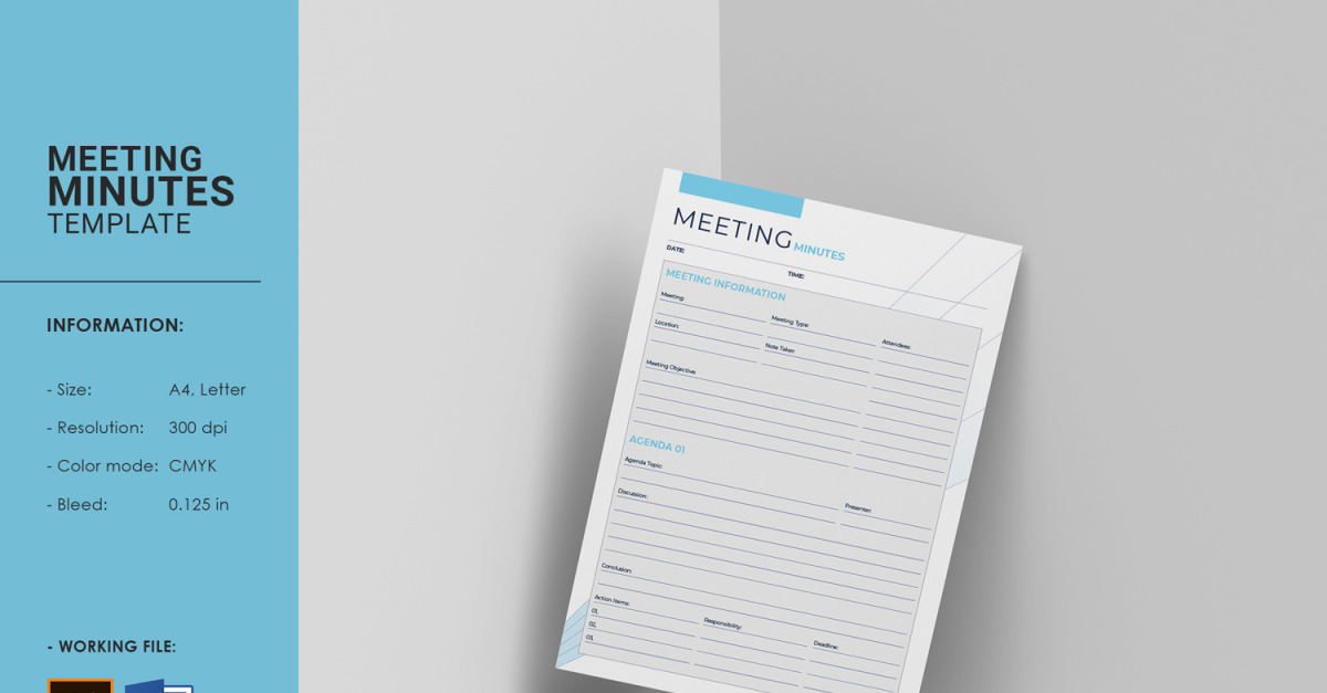 Meeting Minutes Printable Template. Adobe Illustrator and Ms Word