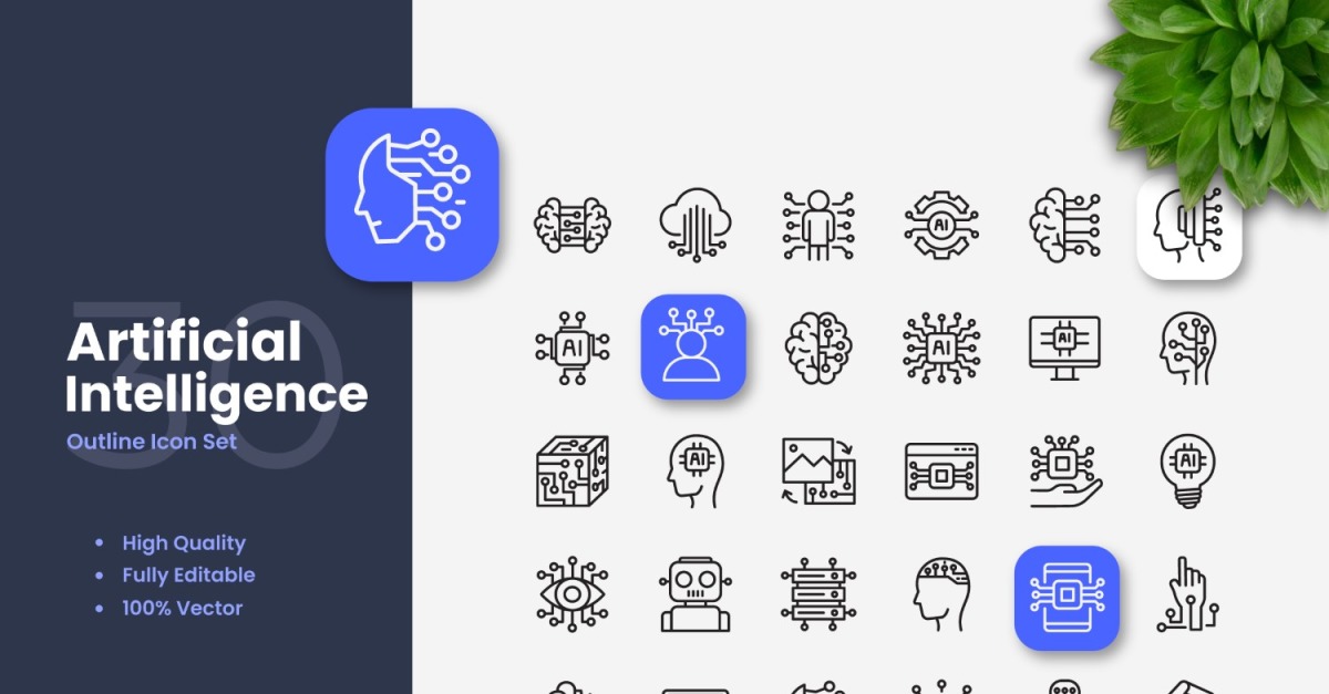 30 Artificial Intelligence Outline Icon Set - TemplateMonster