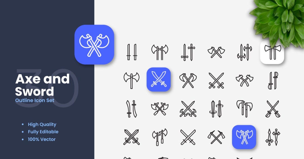 30 Axe and Sword Outline Icon Set #350106 - TemplateMonster