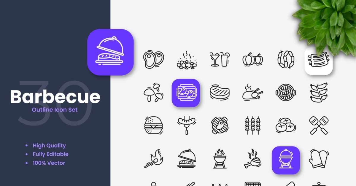 30 Barbecue Outline Icon Set #350111 - TemplateMonster