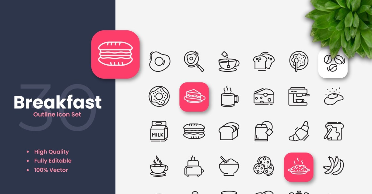 30 Breakfast Outline Icon Set #350116 - TemplateMonster